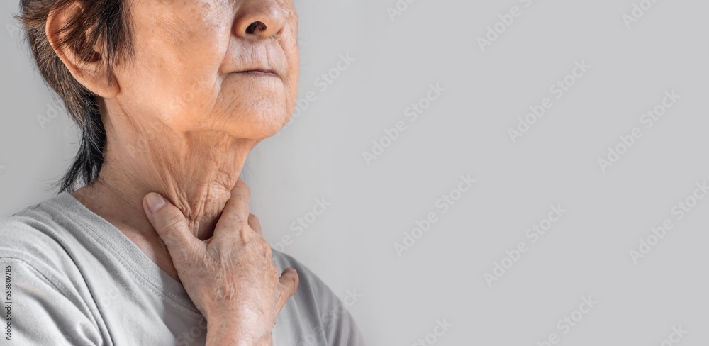 Pain at neck of Asian woman. Concept of sore throat, pharyngitis ...