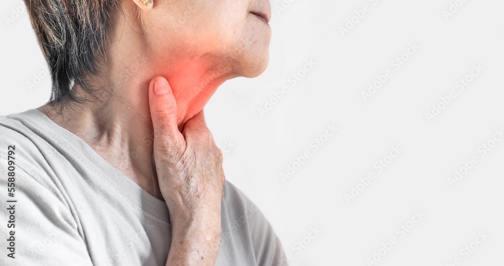 Redness at neck of Asian woman. Concept of sore throat, pharyngitis ...