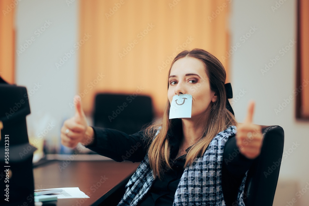 Businesswoman Pretending to Smile Holding Thumbs up. Funny office ...