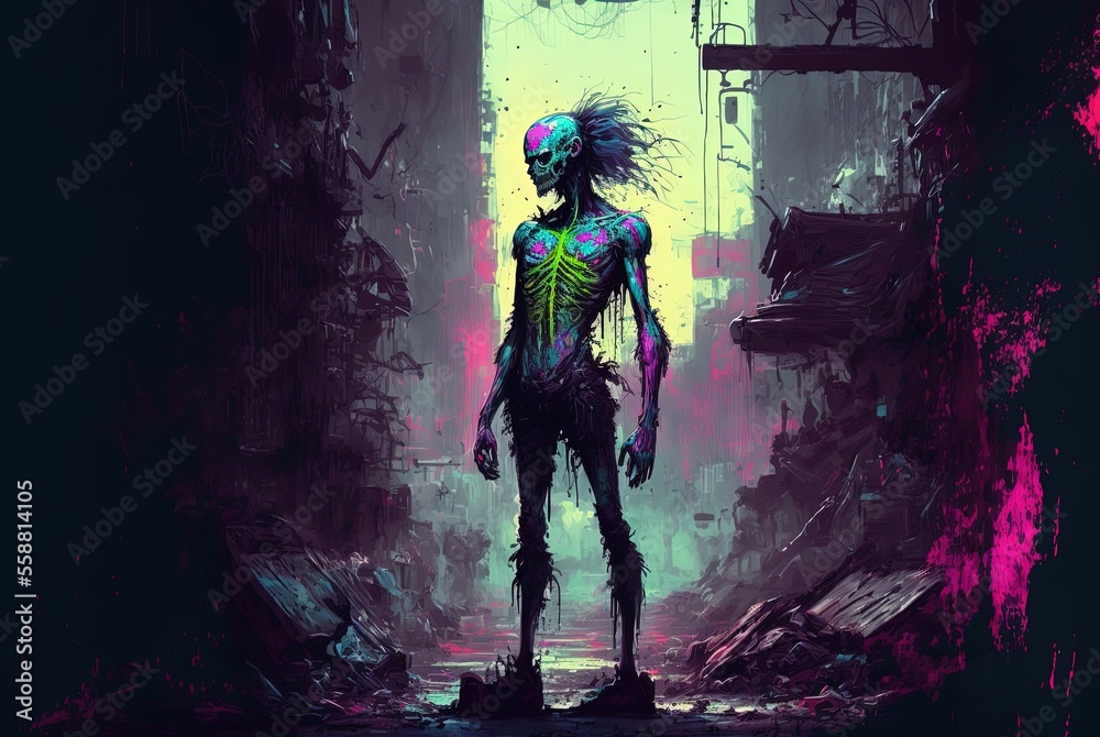 Toxic undead cyberpunk zombie tainted with radiation poisoning prowling ...