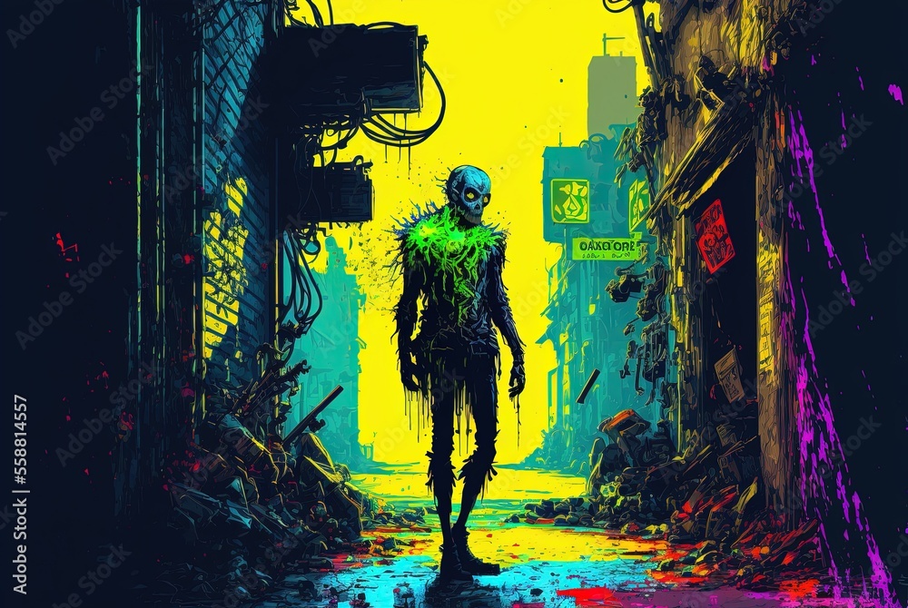 Toxic undead cyberpunk zombie tainted with radiation poisoning prowling ...
