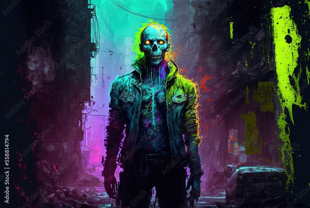 Toxic undead cyberpunk zombie tainted with radiation poisoning prowling ...