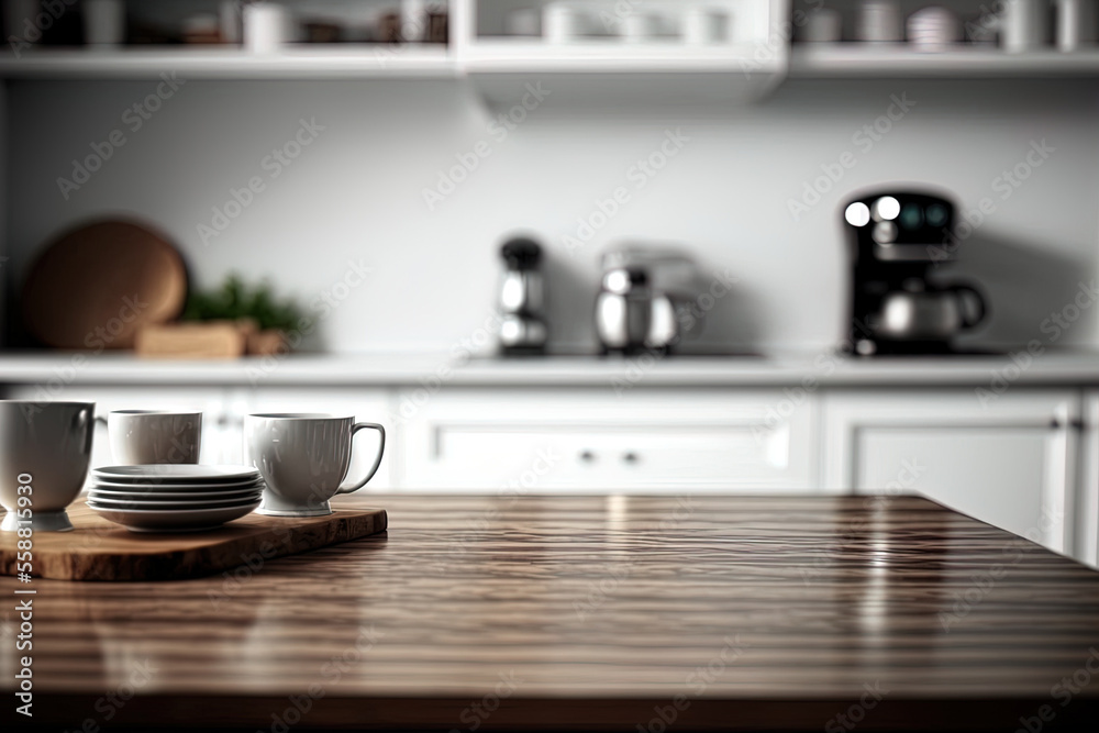 Kitchen background is hazy and has a wood desk. for montage of a ...