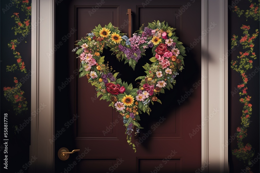 a heart shaped wreath with flowers on a door way with a handle on a ...