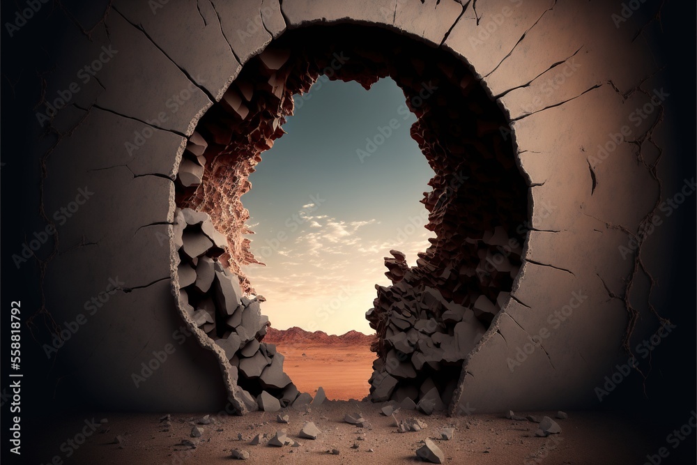 a hole in the wall with rocks and a sky background with clouds and a ...