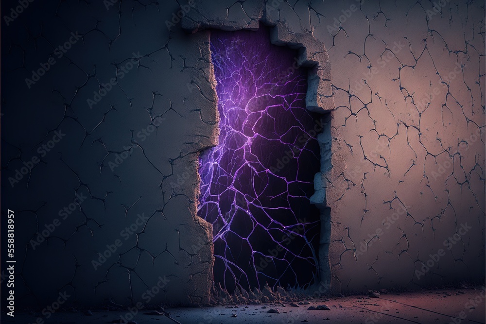 a crack in a wall with a purple light coming through it and a crack in ...