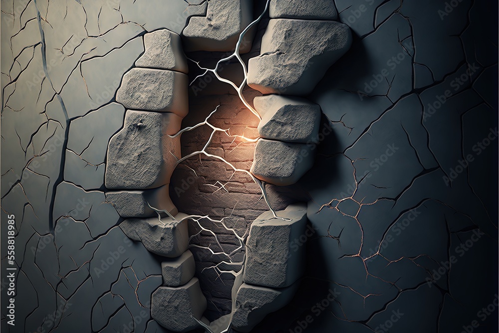 a cracked wall with a light coming out of it and a crack in the wall ...