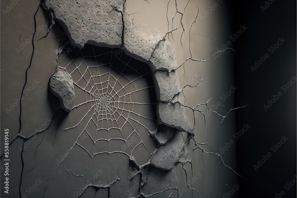 a cracked wall with a spider web on it's side and a black and white ...