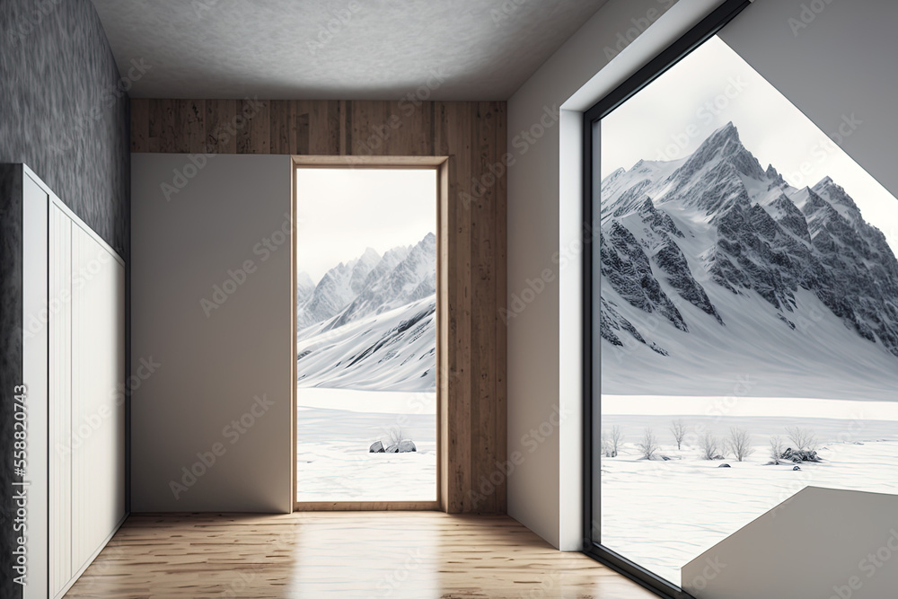 A modern, vacant room with a view of the snow. The room features a wood ...
