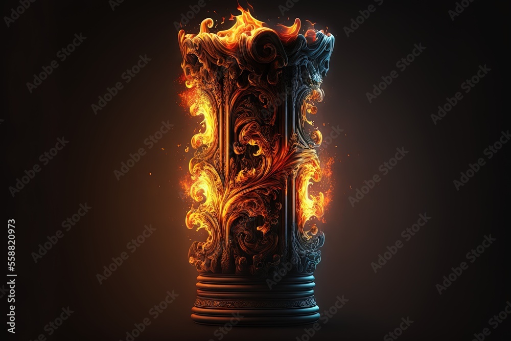 a tall pillar with flames coming out of it's sides and a black ...