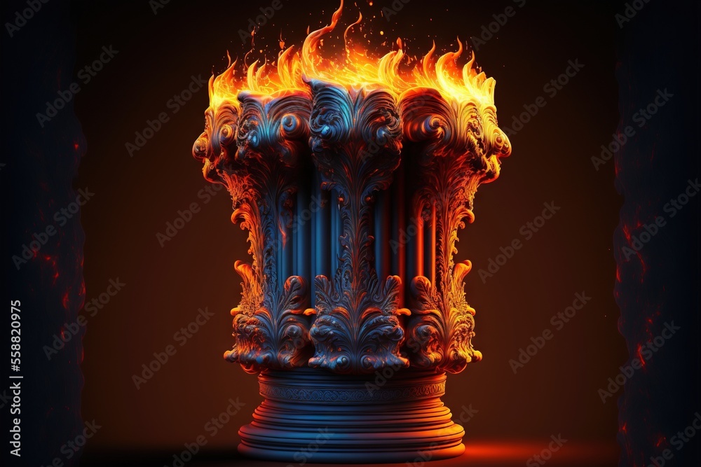 a fire burning in a vase on a table top with a black background and a ...