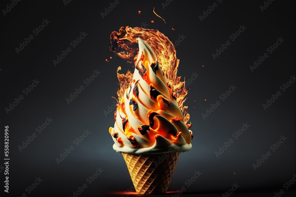 a cone of ice cream with a fire pattern on it's side, on a black ...