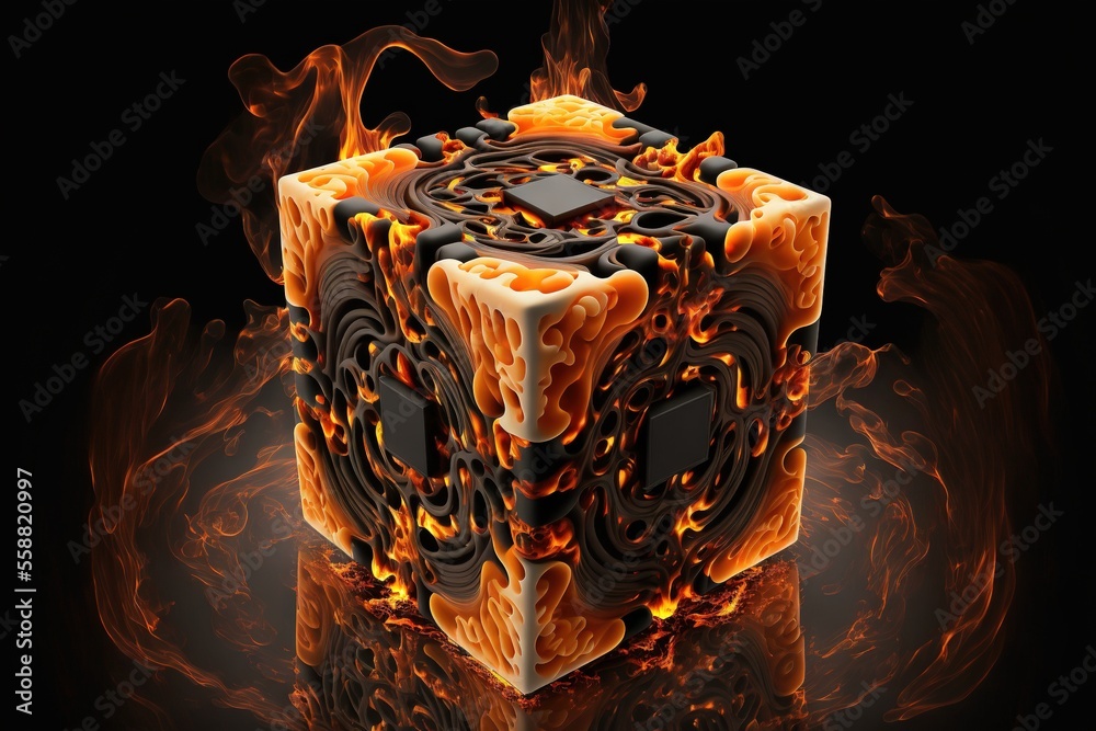 a 3d rendering of a cube with flames surrounding it on a black ...