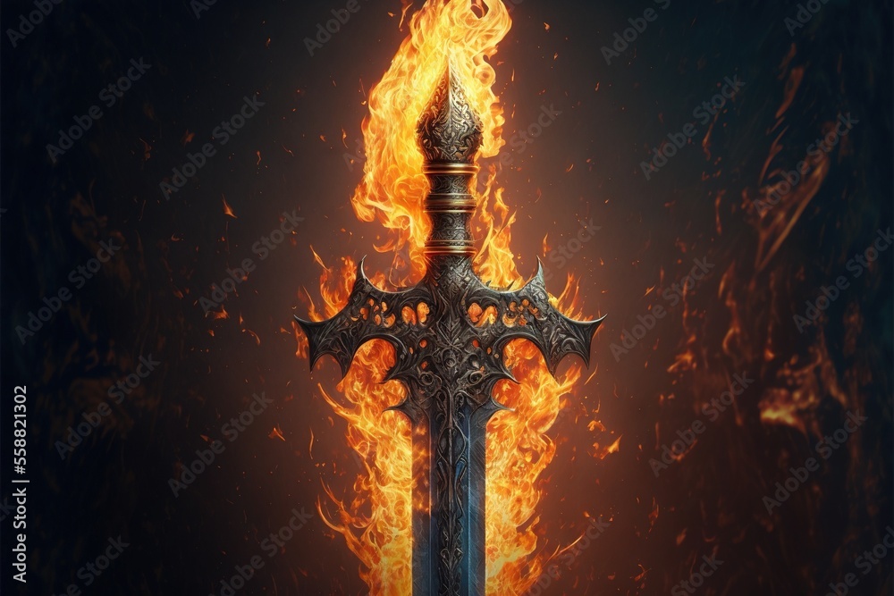 a sword with flames on it is shown in this image, it appears to be a ...