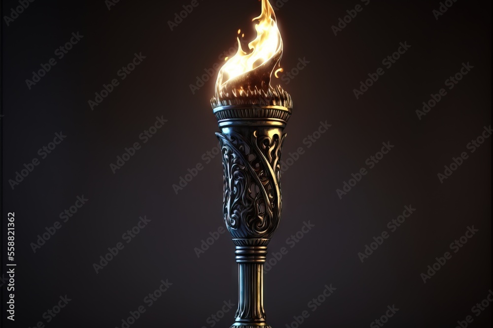 a metal torch with a flame on it's side and a black background with a ...