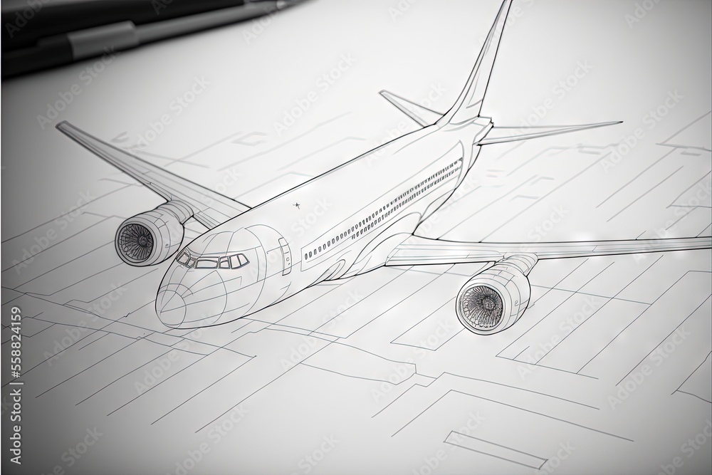 a drawing of a plane on a table with a pen and a pen in the background ...