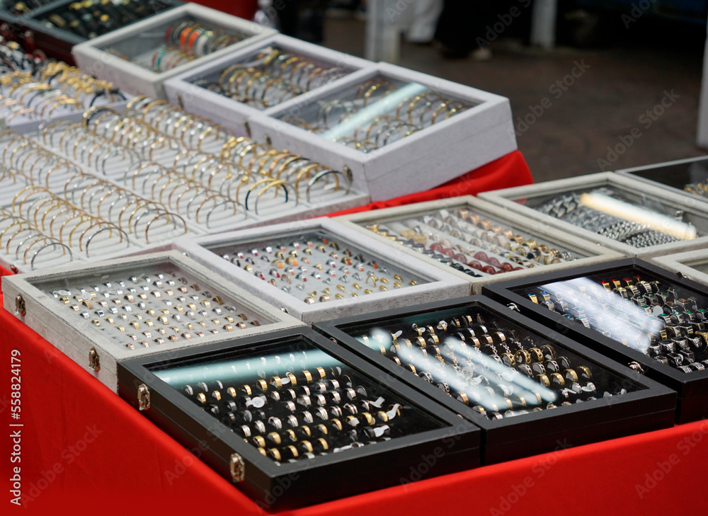 Boxes of fake rings and jewelries sold at Petaling Walking Street in ...