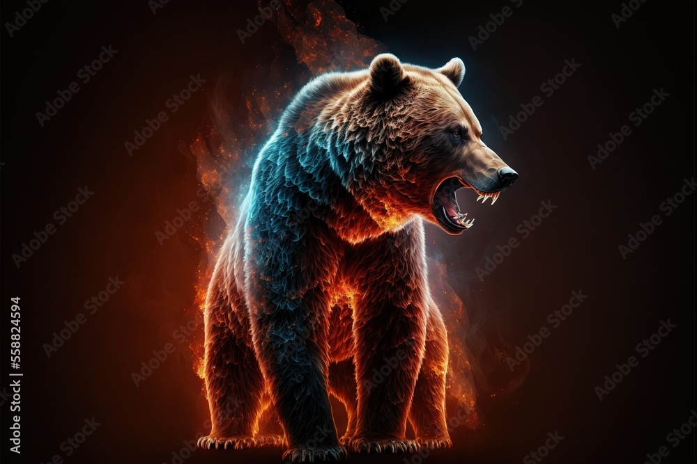 a bear with its mouth open and flames around it's body and head, on a ...