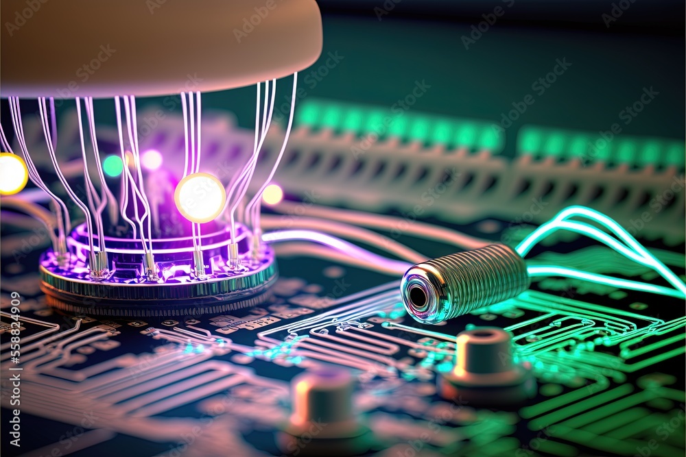 a close up of a light bulb on a computer board with wires and wires ...