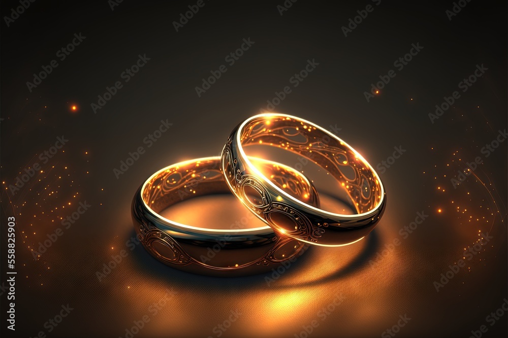 two gold wedding rings on a shiny surface with sparkles around them and ...