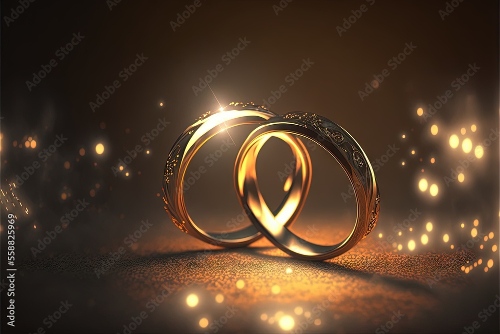 two gold wedding rings on a brown background with lights around them and boke of light shining ...