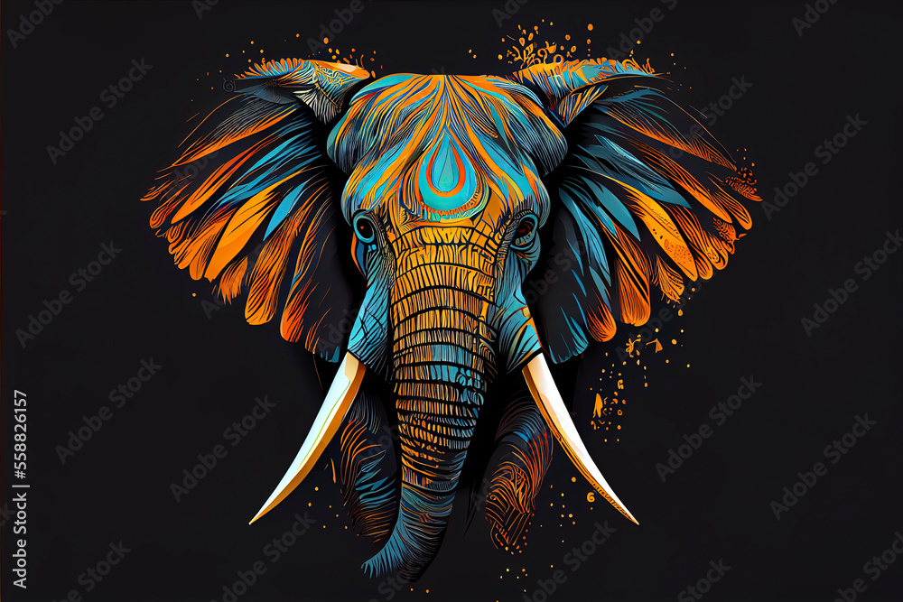 elephant head Fokus in camera ethnic painting with feathers Stock ...