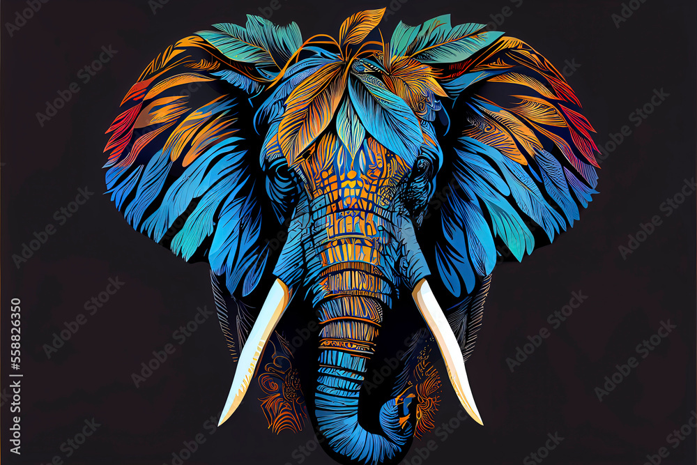 elephant head Fokus in camera ethnic painting with feathers Stock ...