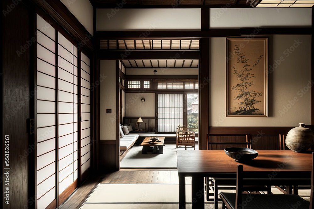 Modern living and eating areas, a wood floor and tatami mat, and a ...