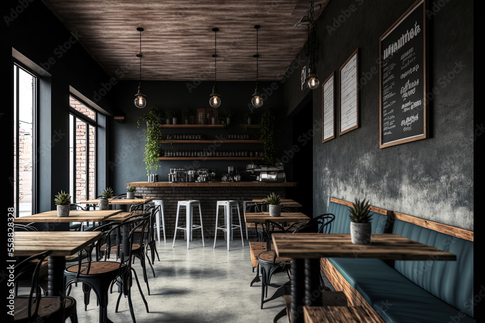 a view of the interior of a cafe with a loft style layout in dark ...