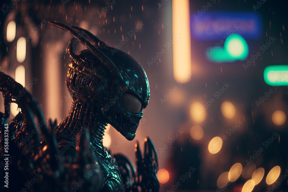 Dark night city with alien creature, futuristic invaders. AI generated ...