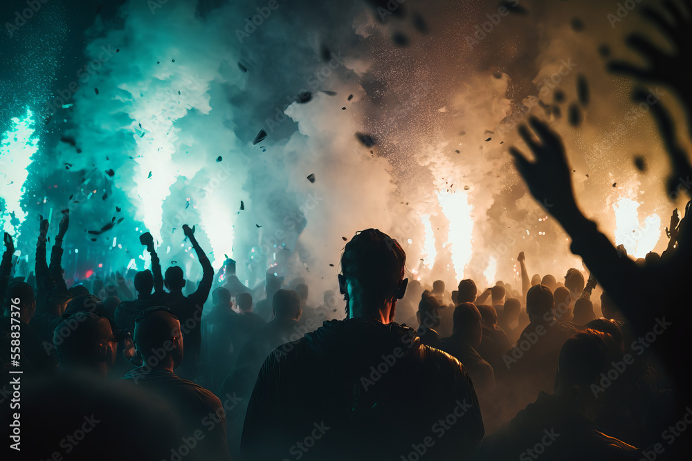 Music festival, crowd of people dancing on dancefloor, silhouette in ...