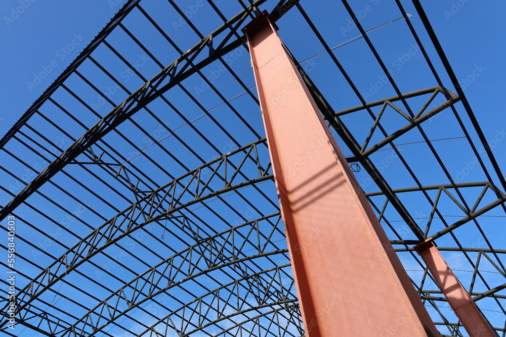 Metal pole with dome structure. Closeup of red H-beam steel columns of ...