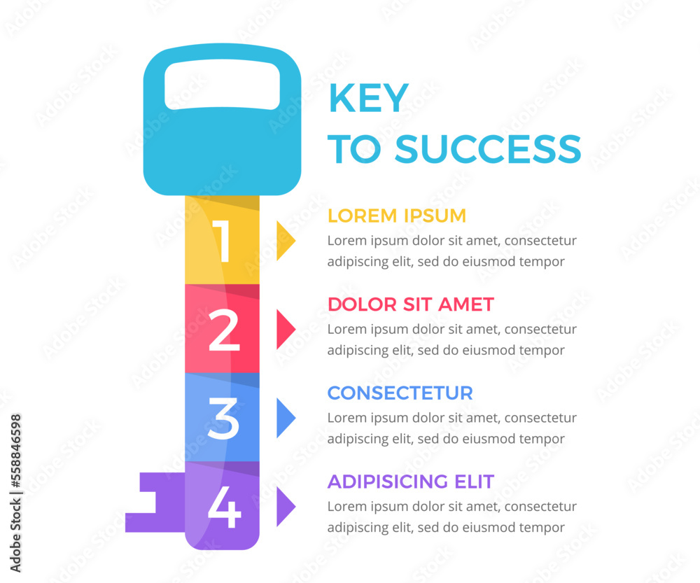Infographic template with key divided on 4 segments, key to success ...
