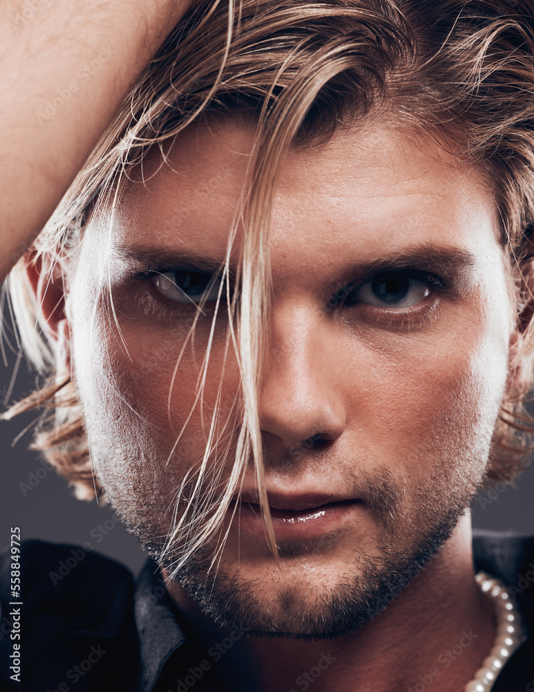 Beauty, fashion and portrait of man with cosmetics, jewellery and ...