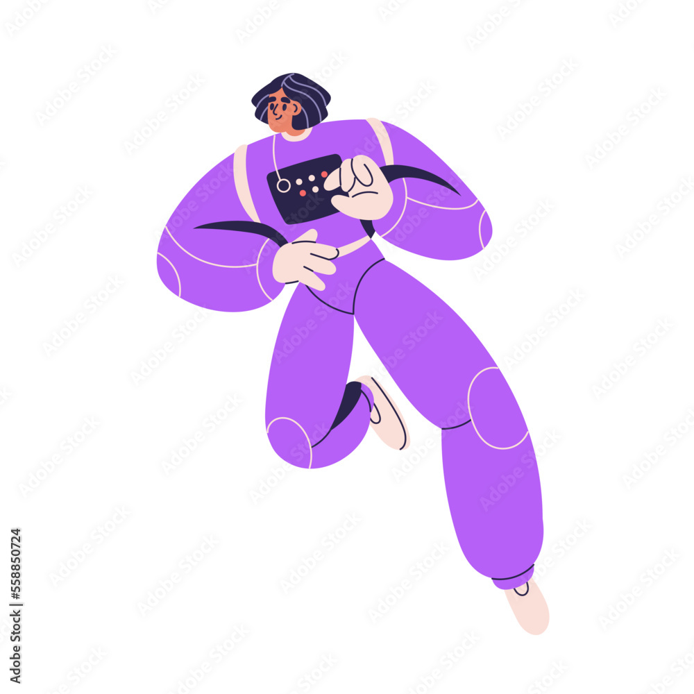 Woman astronaut floating in zero gravity. Female cosmonaut in spacesuit ...
