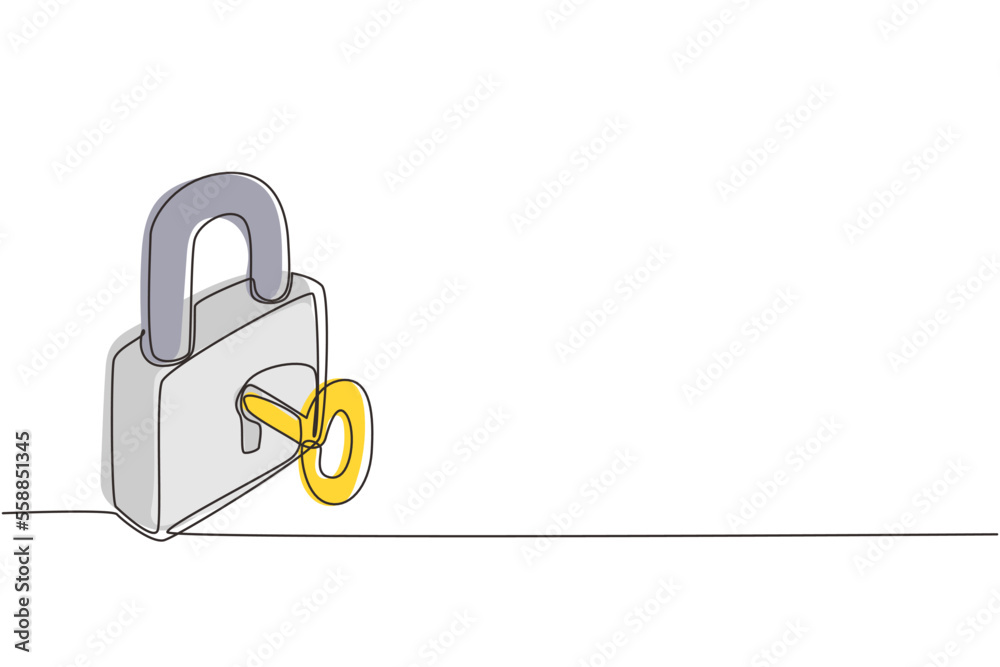 Single continuous line drawing key and lock. Security padlock, locked and unlocked. Safety lock ...