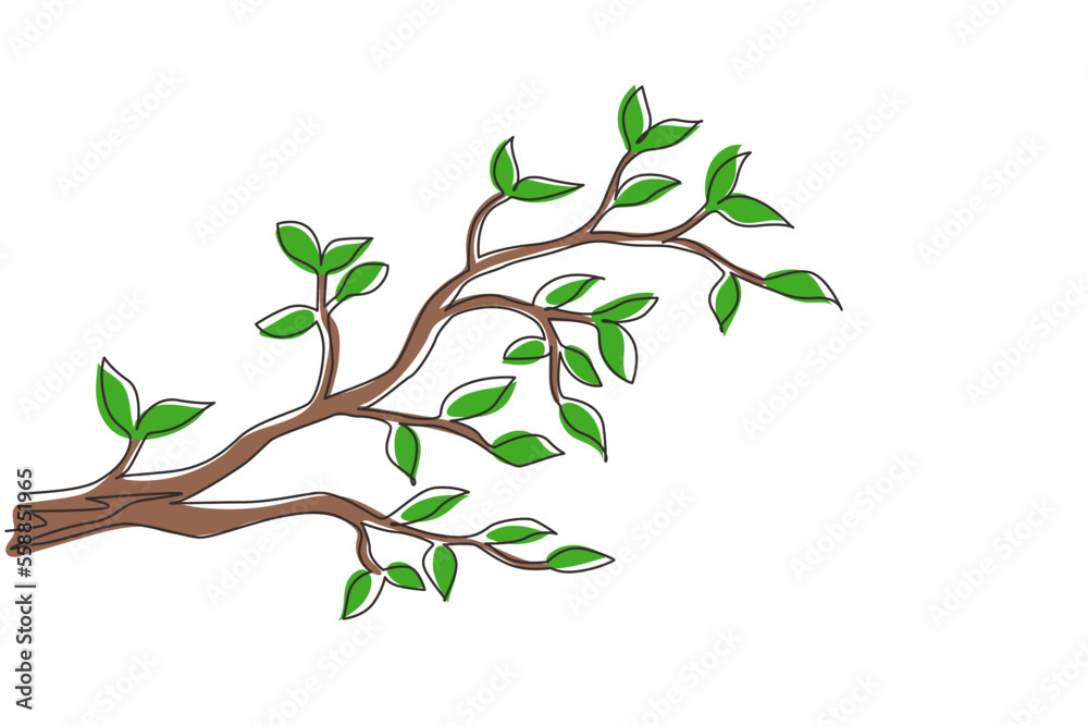 Single continuous line drawing leaf hanging from tree branch. Spring ...