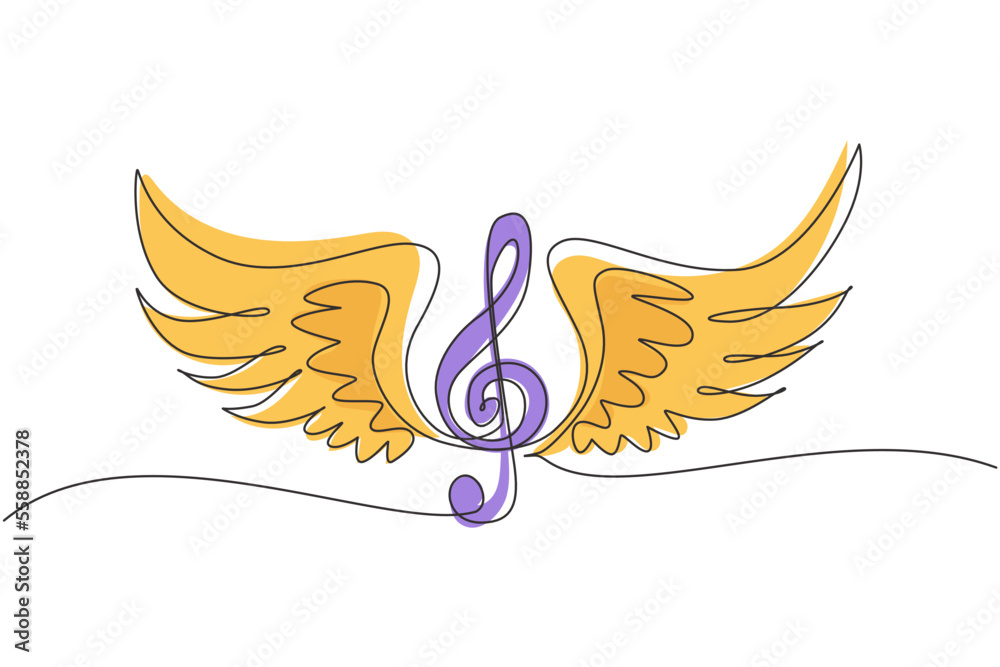 Continuous one line drawing treble clefs with wings isolated on white ...