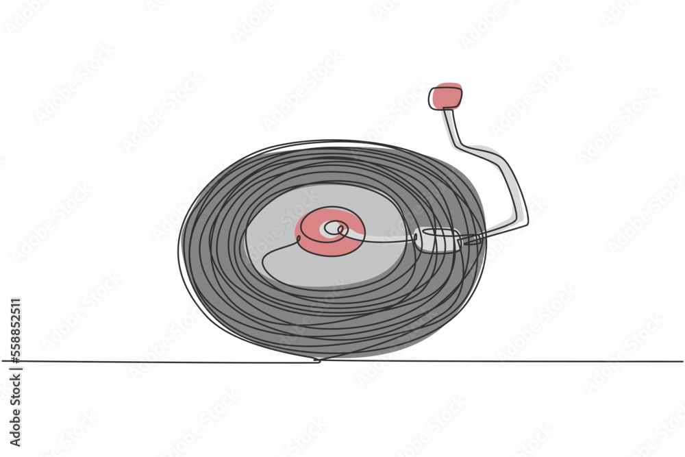 Single one line drawing vinyl record music poster design template with ...