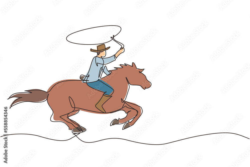 Continuous one line drawing cowboy on horse galloping across desert ...