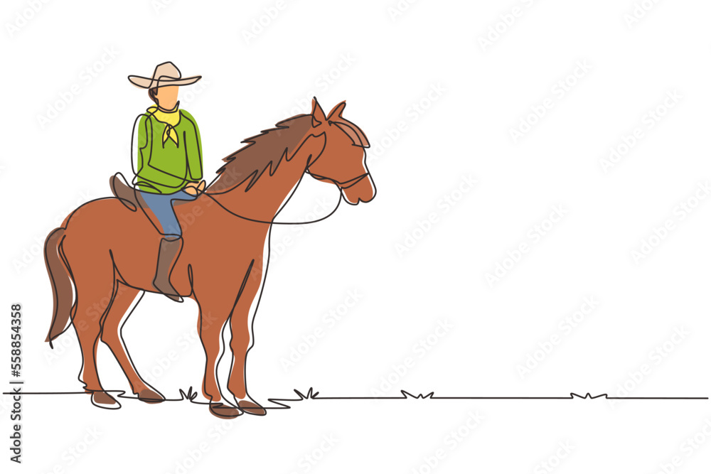 Single continuous line drawing young man with cowboy hat riding horse ...