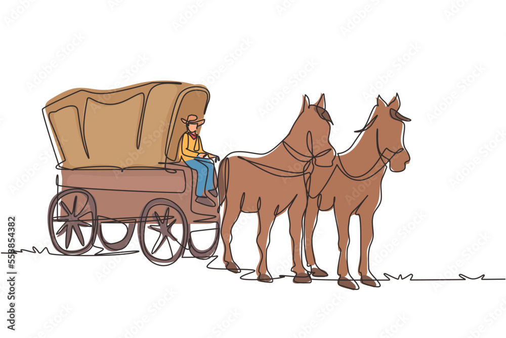 Single one line drawing vintage western stagecoach with horses. Wild ...