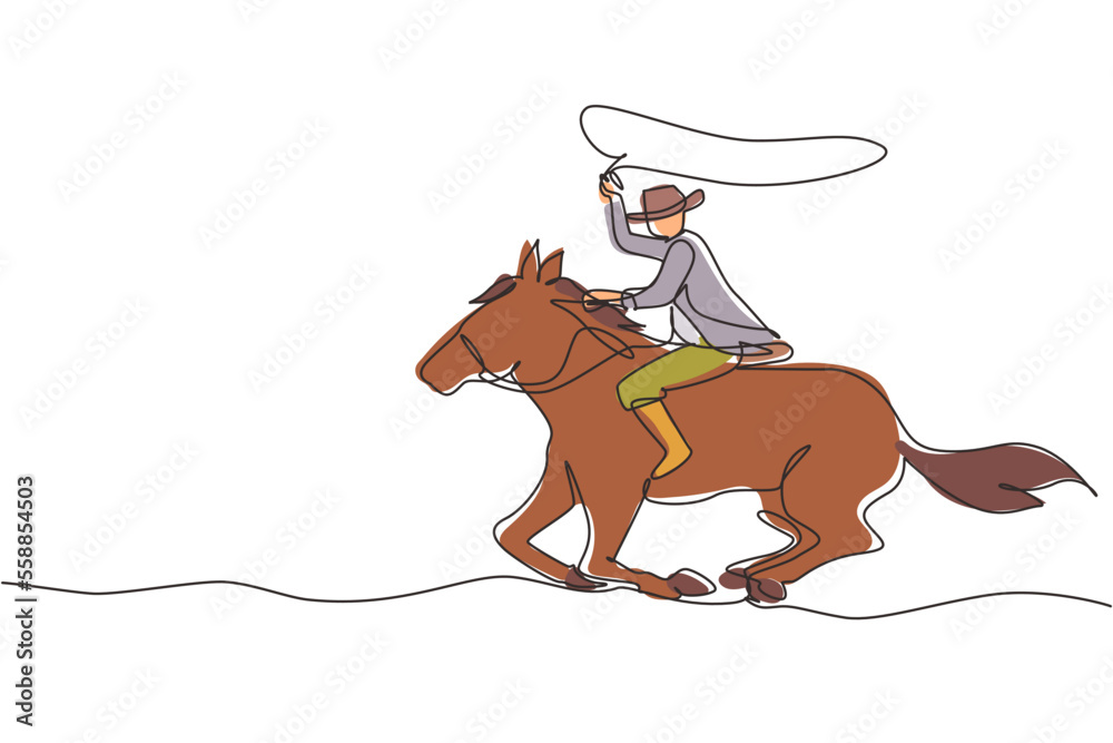 Single continuous line drawing cowboy on horse galloping across dusty ...