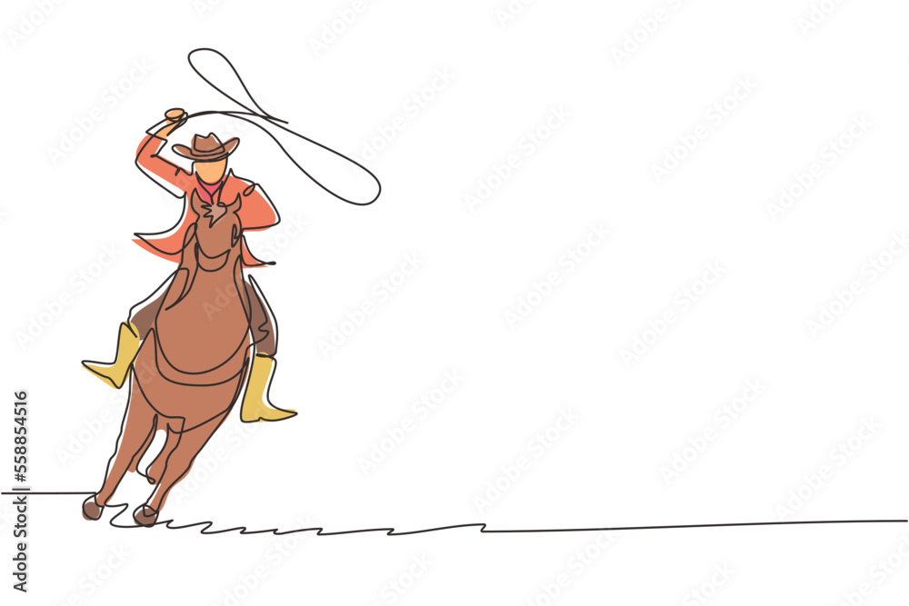 Continuous one line drawing cowboy with rope lasso on horse. American ...