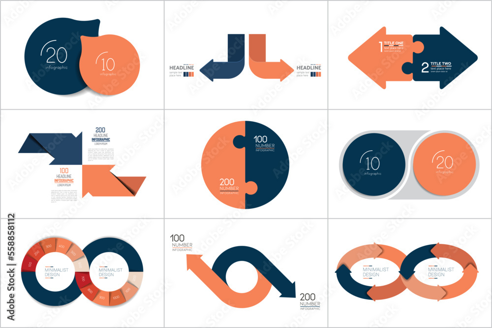 Mega set of two elements, steps chart, diagram, scheme. Circle, round ...