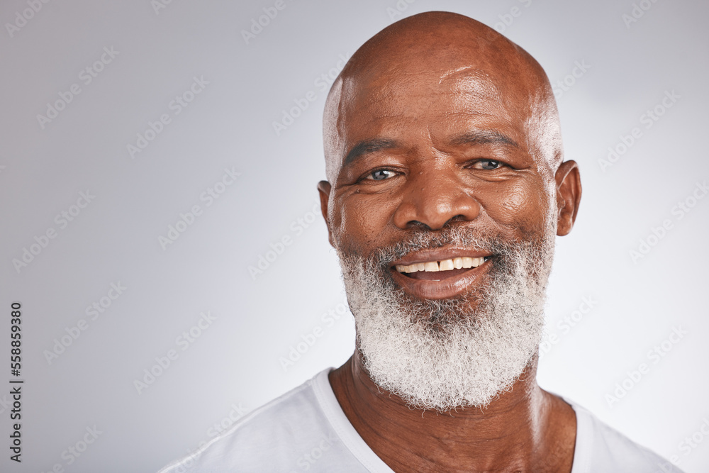 Senior black man, face and self care with skincare, dermatology and ...