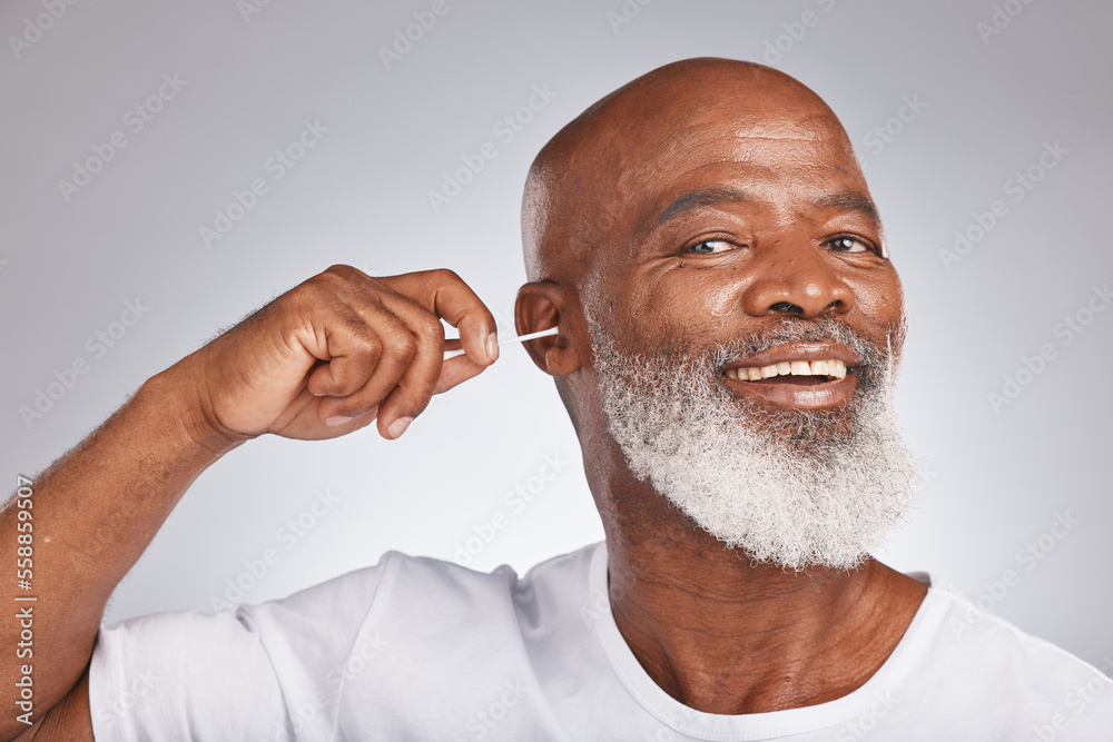 Cotton bud, cleaning ear and senior black man happiness portrait for ...