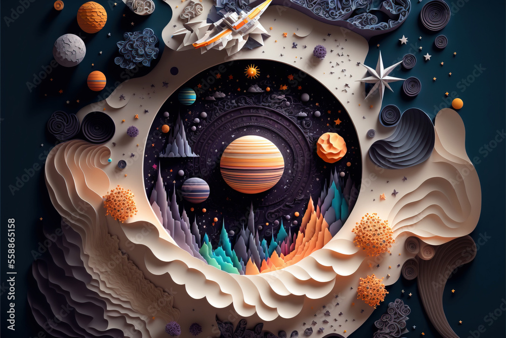 Stylized cosmic objects; the sun, stars, and the planets; papercraft ...