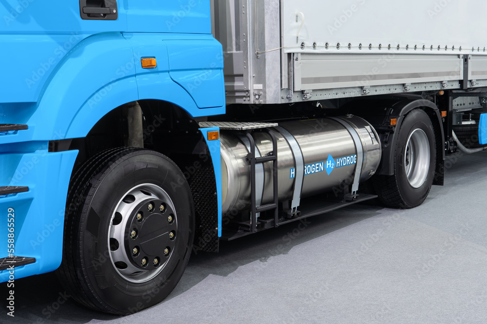 A hydrogen fuel cell semi truck with H2 gas tank onboard. Eco-friendly ...