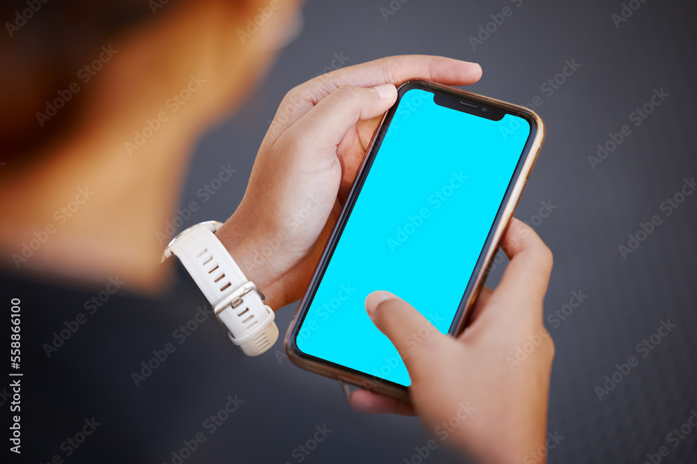 Hands, phone and green screen with mockup for advertising or marketing ...